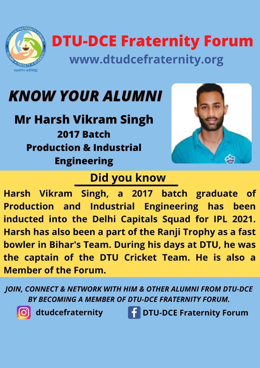 Mr Harsh Vikram Singh – Inducted Into The Delhi Capitals Squad For IPL 2021 | DTU-DCE FRATERNITY ...